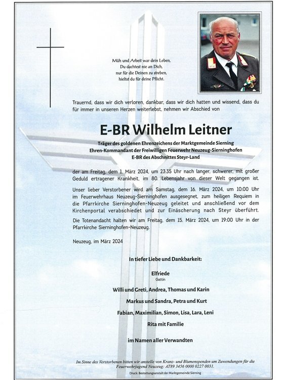 Ehren-Brandrat Wilhelm Leitner verstorben - Bezirk Steyr-Land